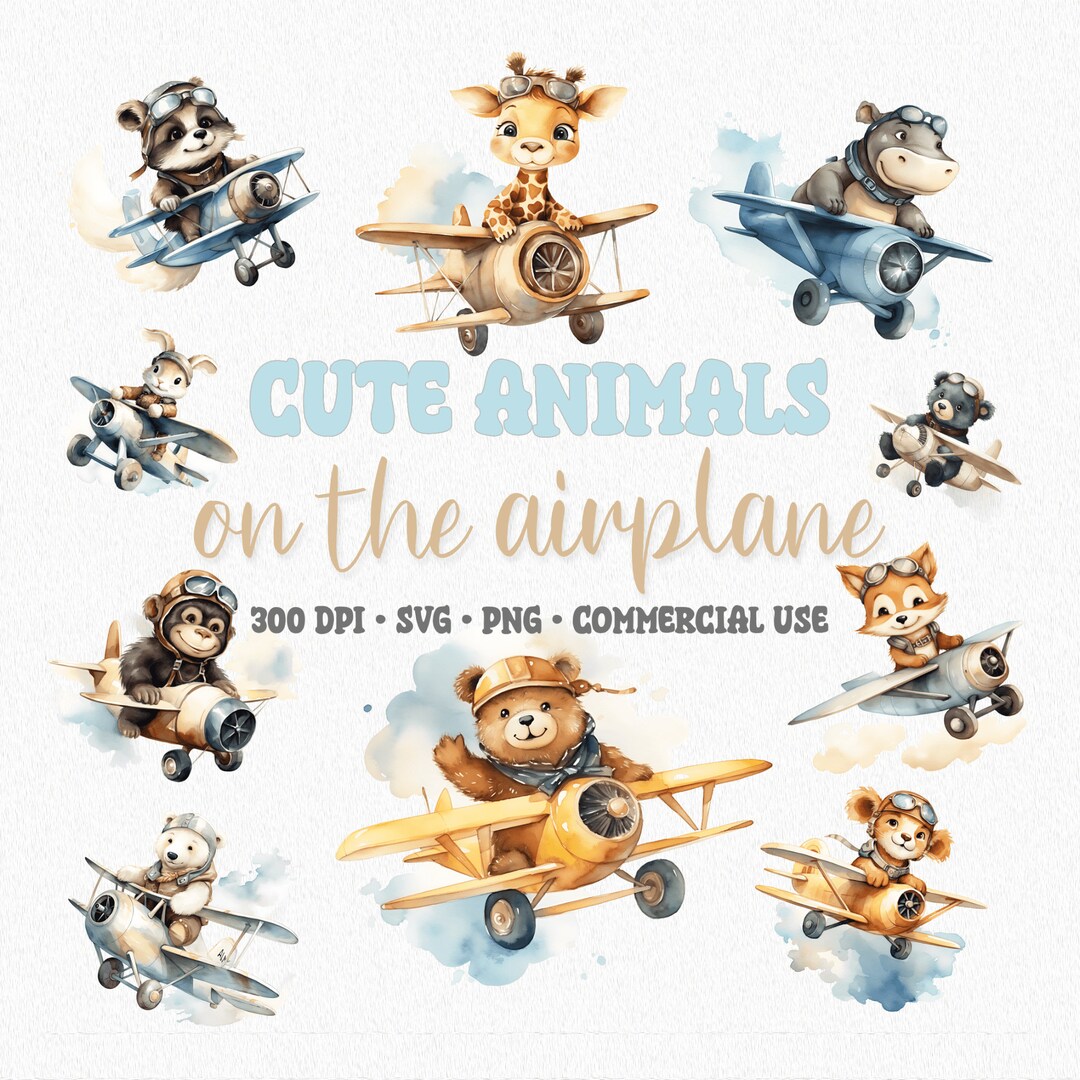 Cute Animal Pilots, Watercolor Baby Airplane, Teddy Bear, Aviator ...