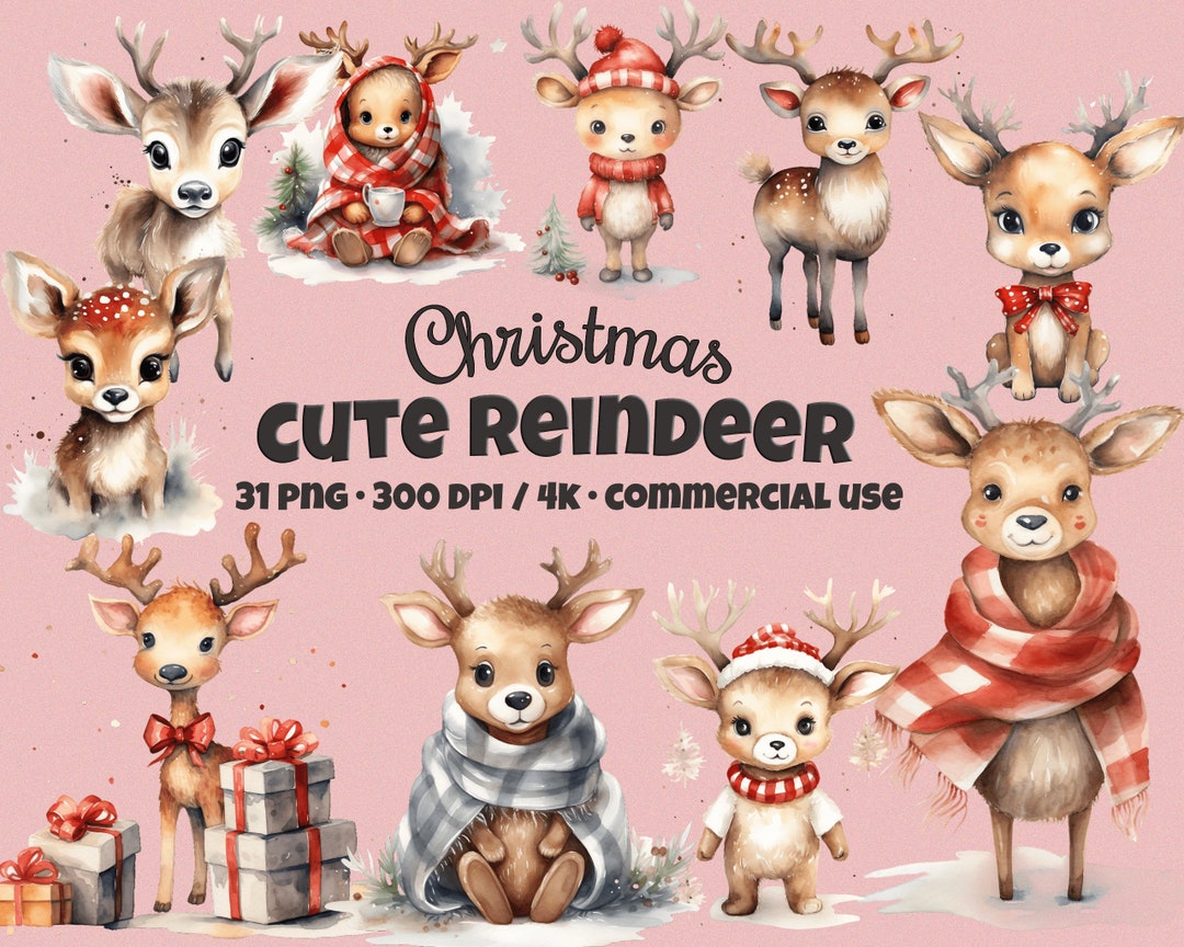 Christmas Cute Deer Clipart Bundle, Watercolor Reindeer, Santa PNG ...