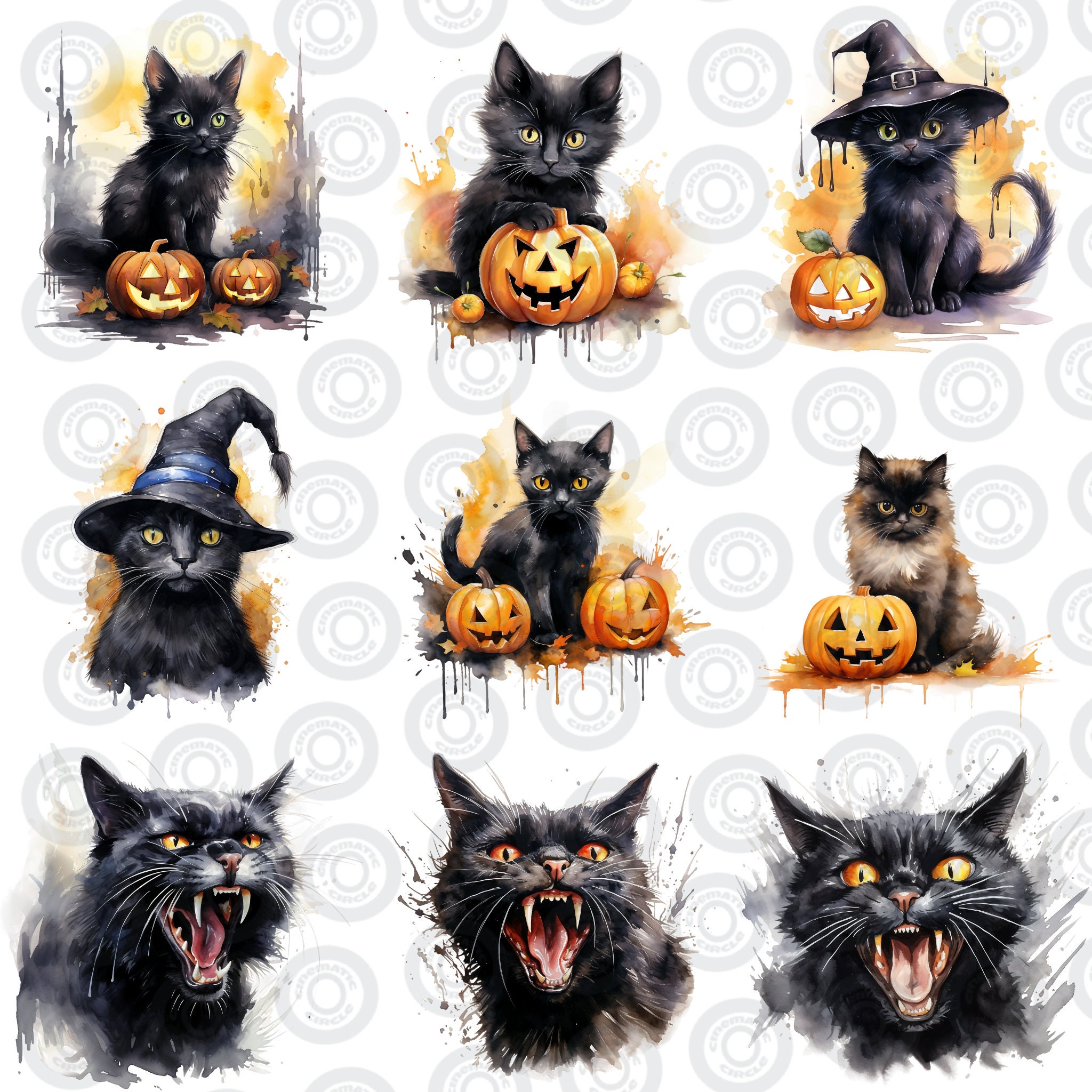 Halloween Black Cat Clipart, PNG and SVG, Watercolor Cat With Hat ...