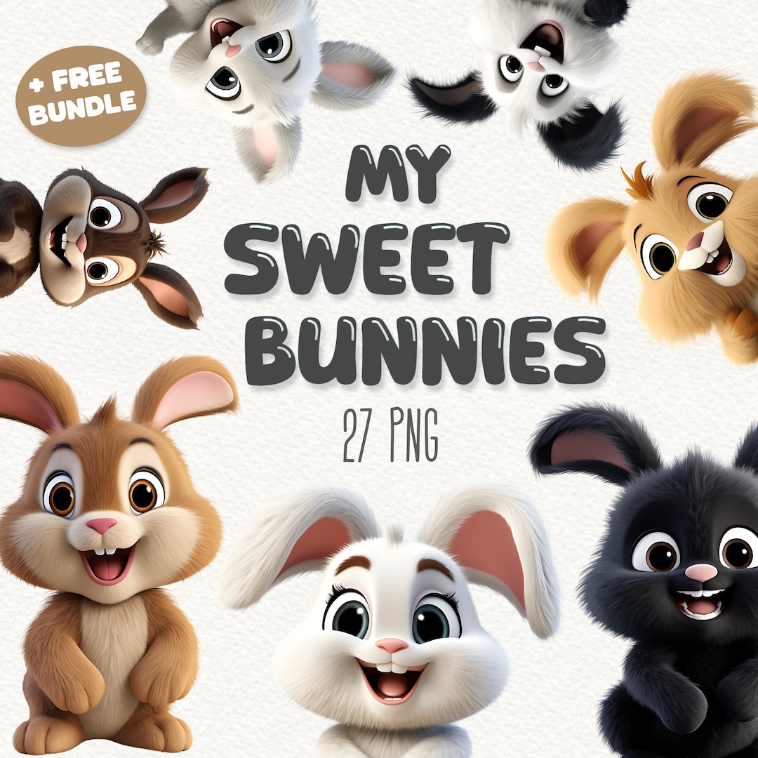 Sweet Bunnies Clipart Bundle, Cute Baby Bunny, Rabbit PNG Set, Easter ...