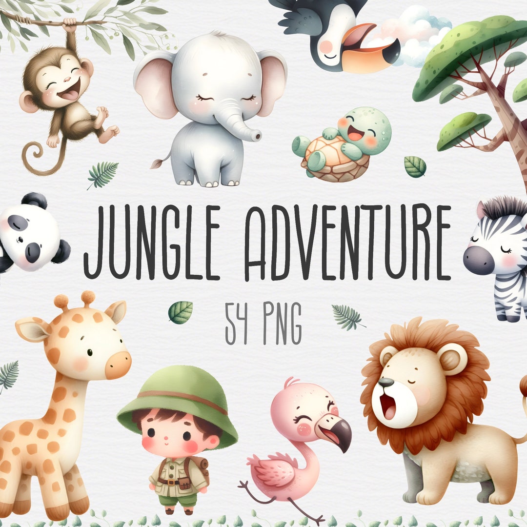 Jungle Adventure Clipart Bundle, Cute Safari, Watercolor Animals PNG ...