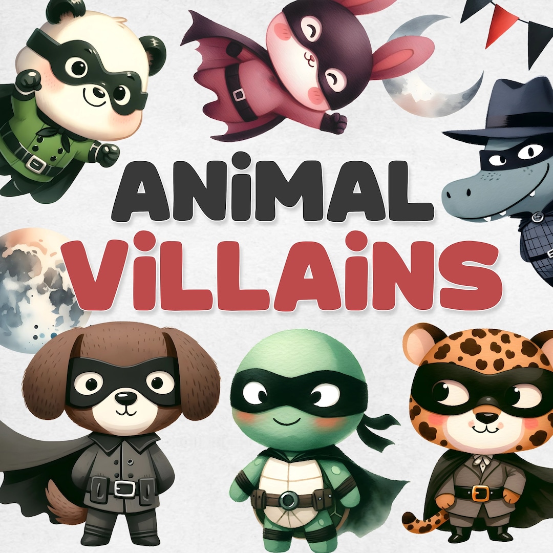 Animal Villains Clipart Bundle, Cute Villain, Watercolor Baby Animals ...