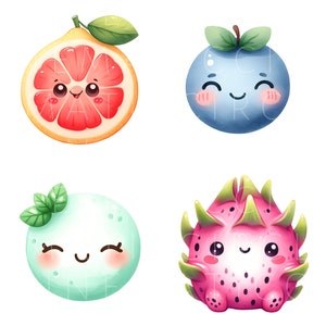 Happy Fruits Clipart Bundle, Cute Food PNG, Watercolor Summer, Kawaii ...