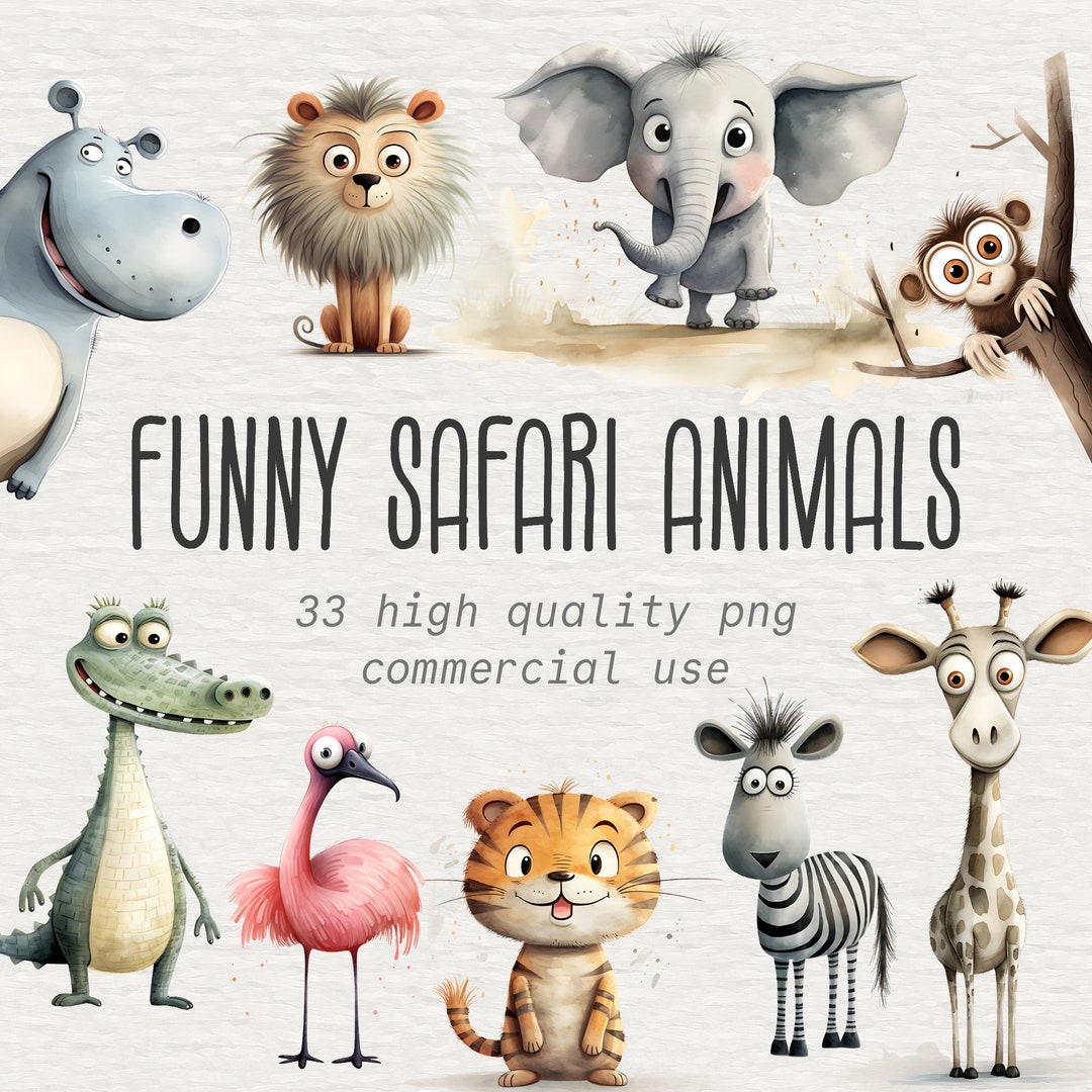 Funny Safari Animal Clipart Bundle, Watercolor Africa Animals PNG ...