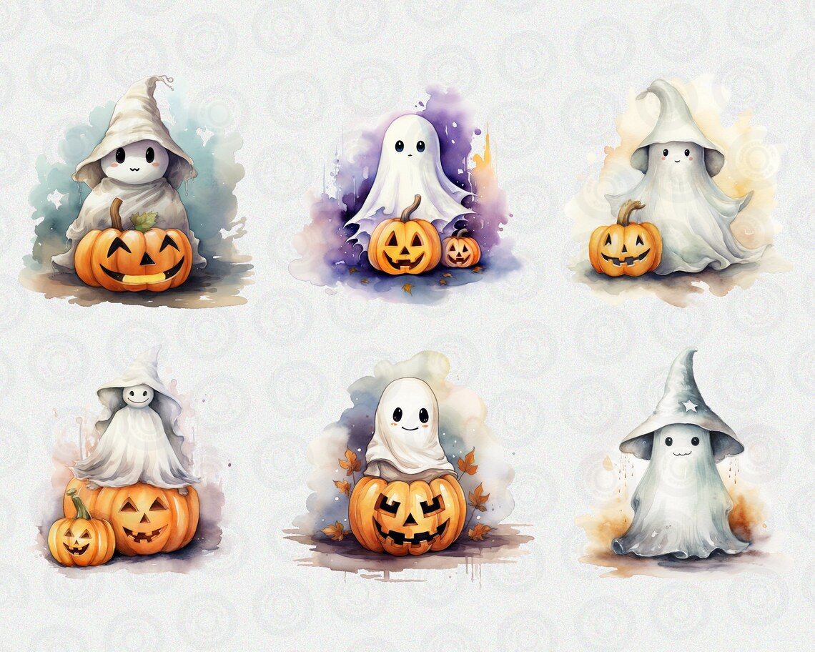 30 Halloween Cute Ghost Clipart, Watercolor Clipart Bundle, Halloween ...
