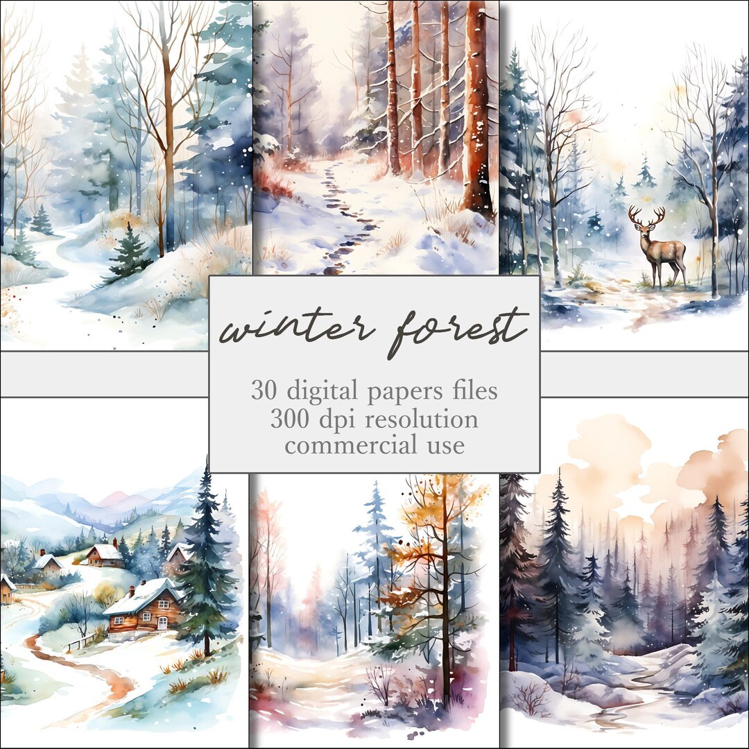 Winter Forest Landscape Digital Paper, Printable Winter Woodland, Snowy ...