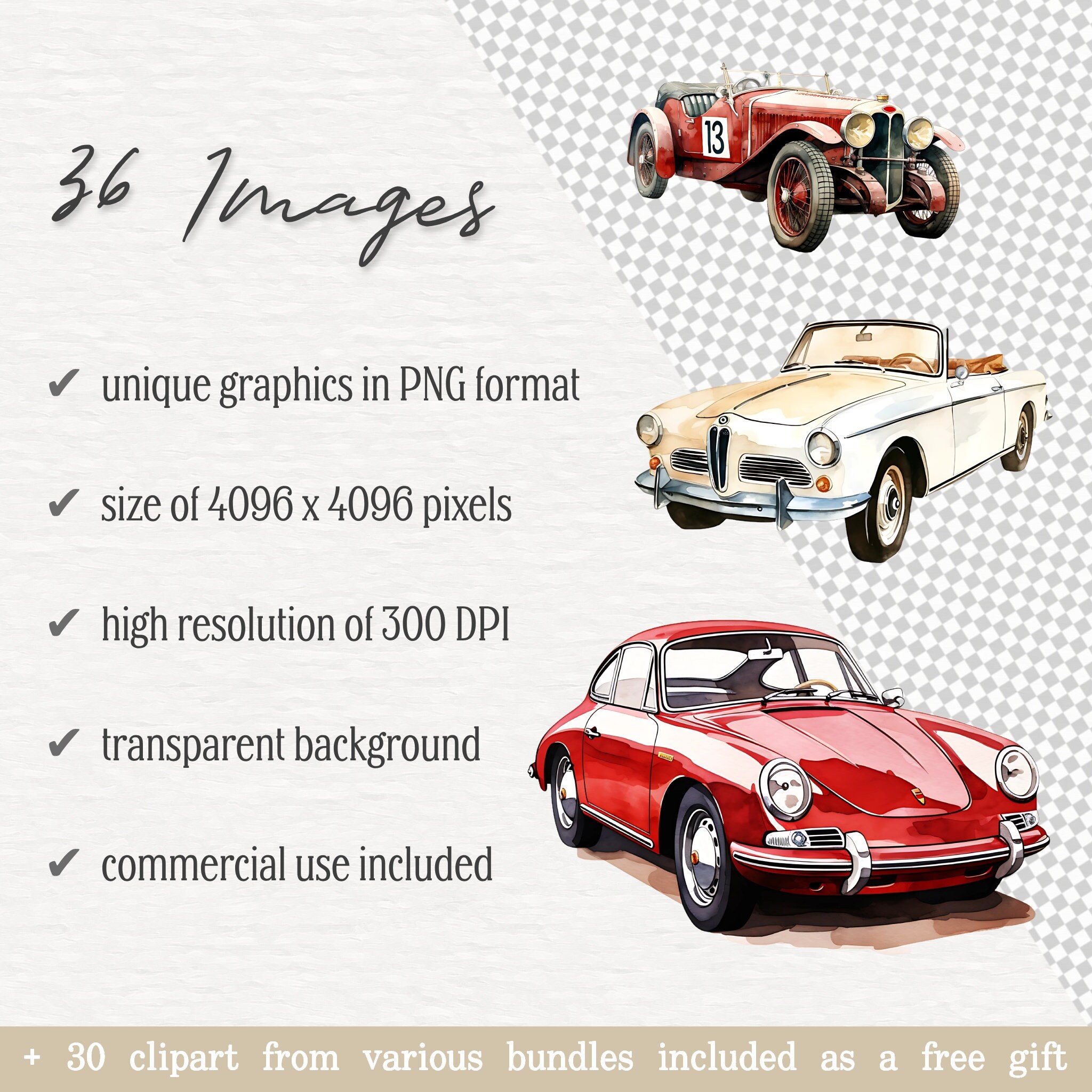 Vintage Car Clipart Bundle, Set of 36 Classic Cars Illustrations ...