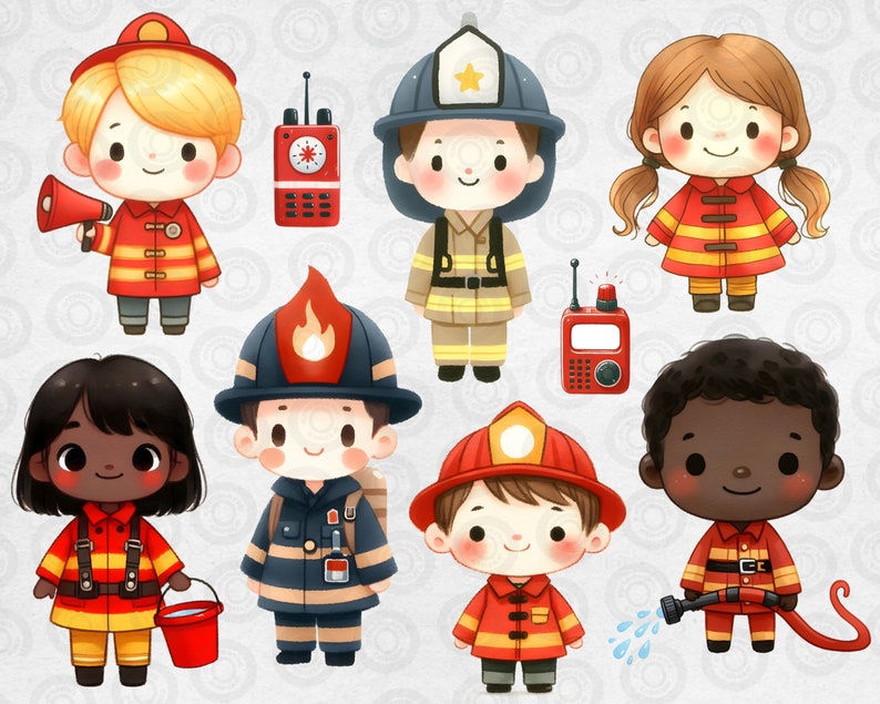 Cute Firefighters Clipart Bundle, Watercolor Fire Department PNG ...