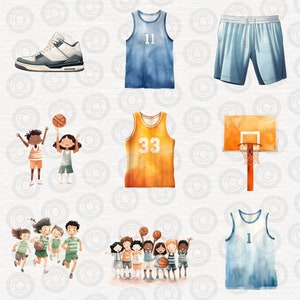 Watercolor Basketball Clipart Bundle, Cute Kids Playing Basketball ...