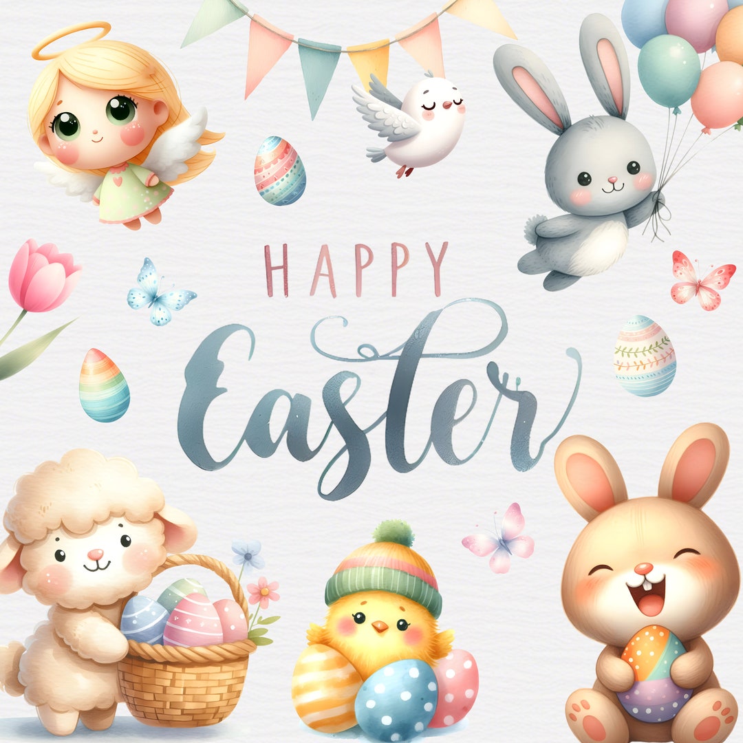 Happy Easter Clipart Bundle, Cute Easter Bunny, Chick, Lamb, Easter Egg ...