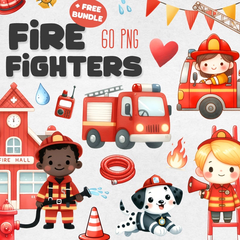 Cute Firefighters Clipart Bundle, Watercolor Fire Department PNG ...