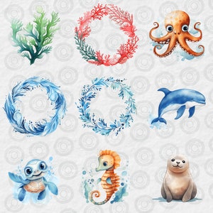 Cute Undersea Watercolor Clipart Bundle, Ocean Baby Animals, Seahorse ...