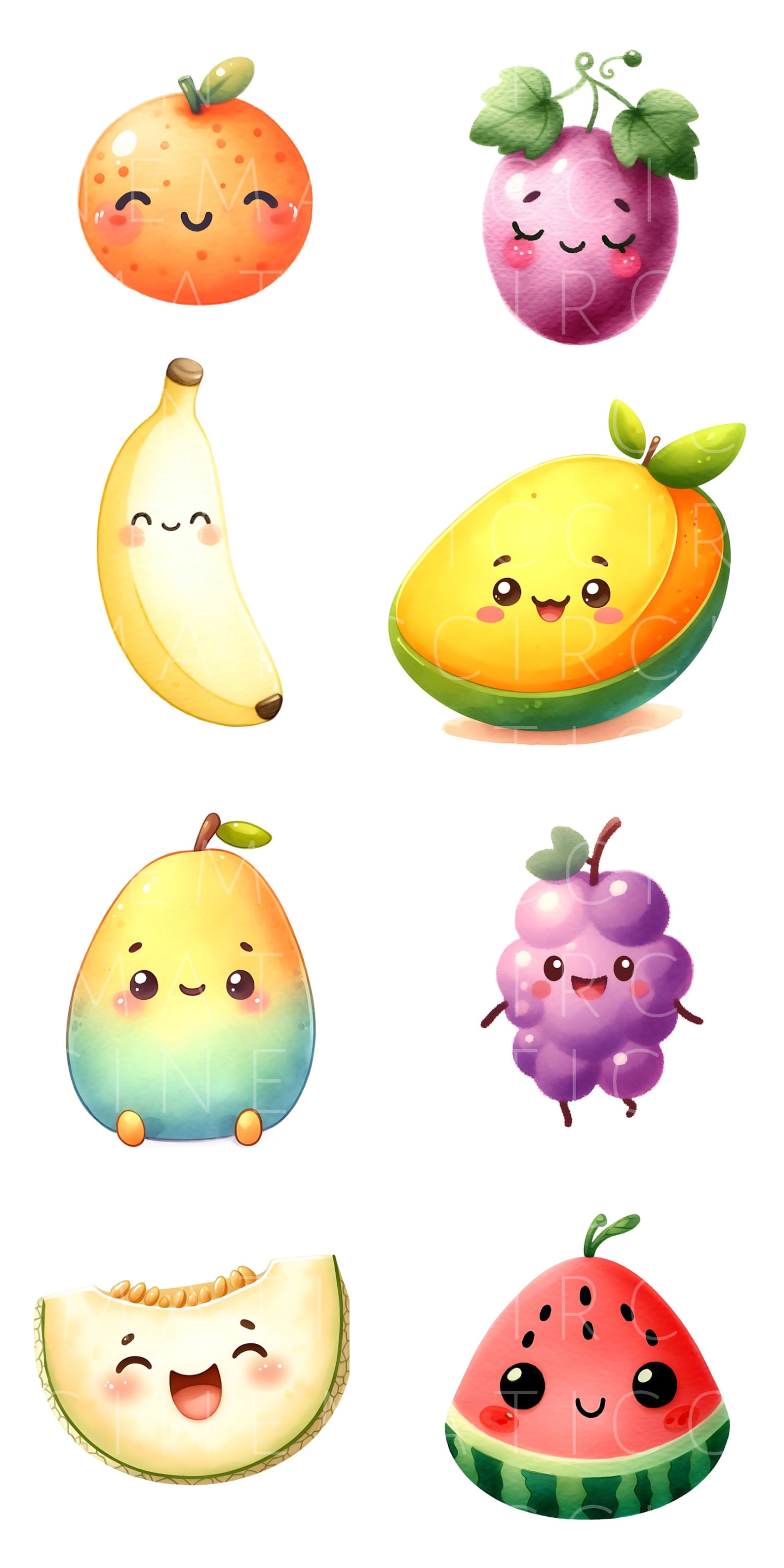 Happy Fruits Clipart Bundle, Cute Food PNG, Watercolor Summer, Kawaii ...