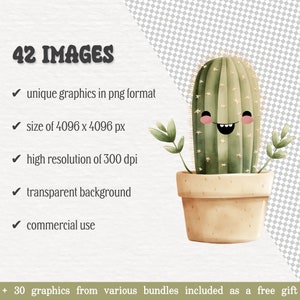 Cute Cactus Clipart Bundle, Watercolor Cacti, Digital Kawaii Stickers ...