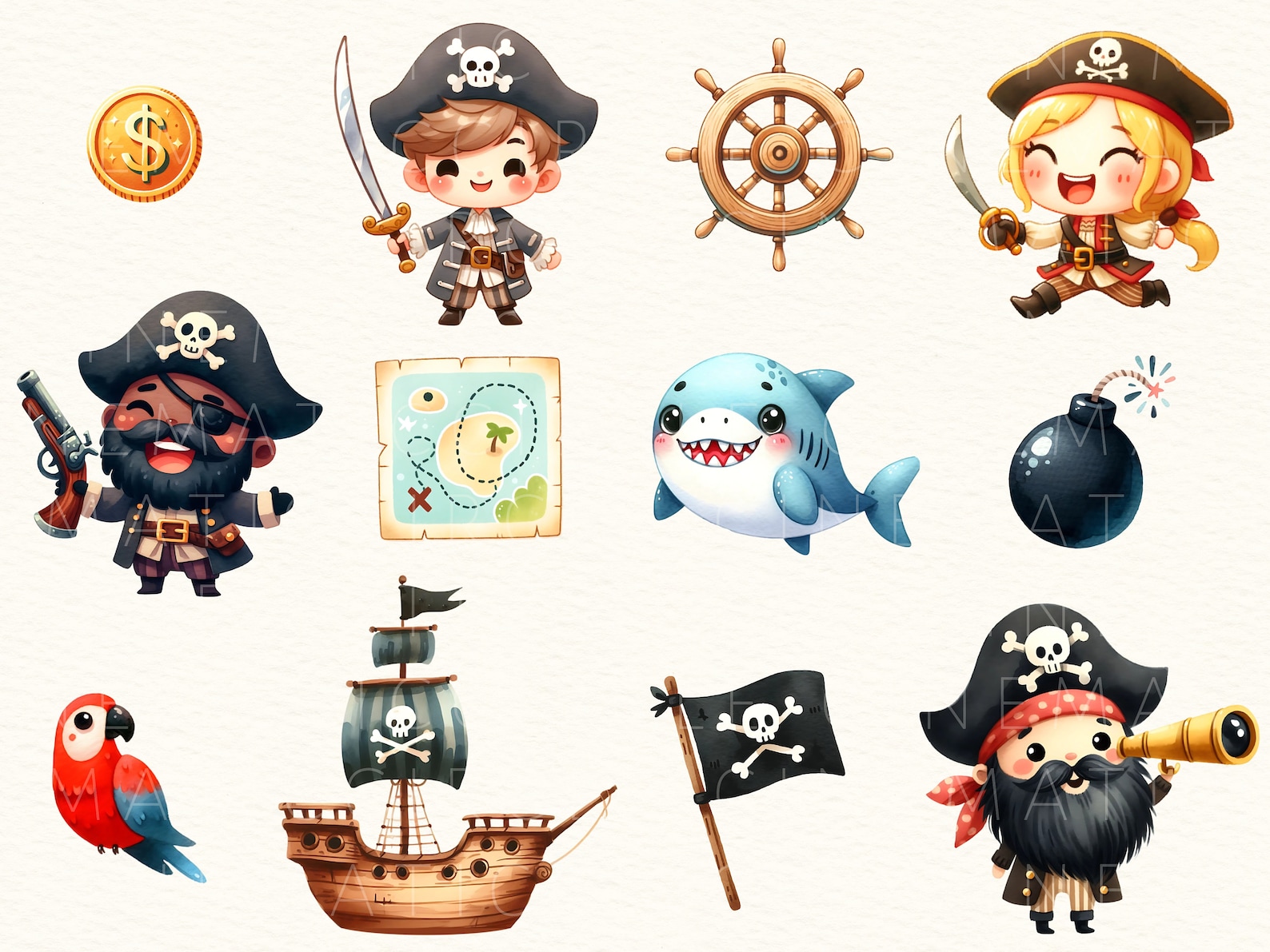 Pirate Adventure Clipart Bundle, Cute Pirates PNG, Pirate Ship, Ocean ...