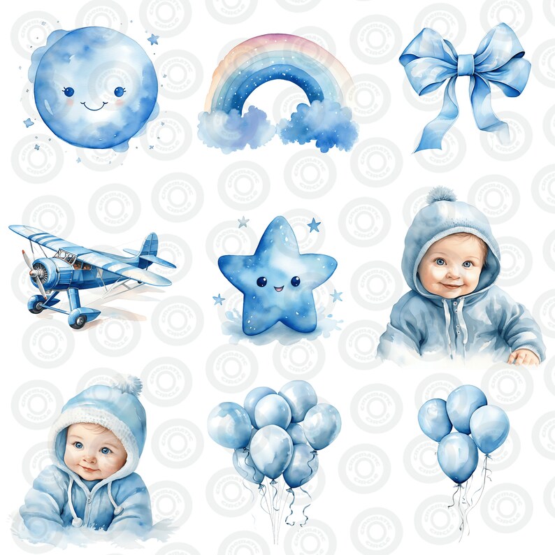 Watercolor Baby Shower Clipart Bundle, Blue Pastel Color, Baby ...