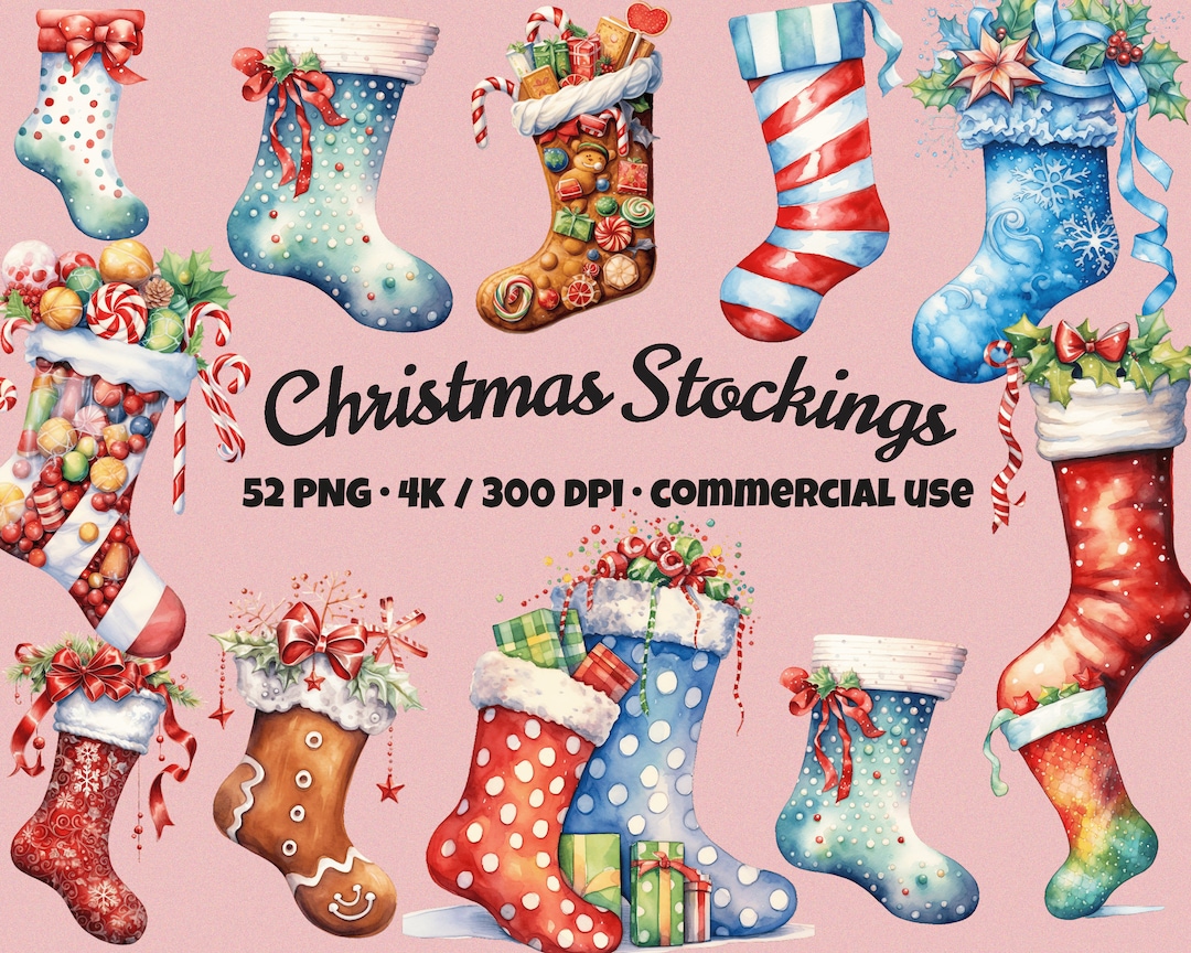52 Christmas Stocking Clipart, Watercolor Clipart, Watercolor PNG ...