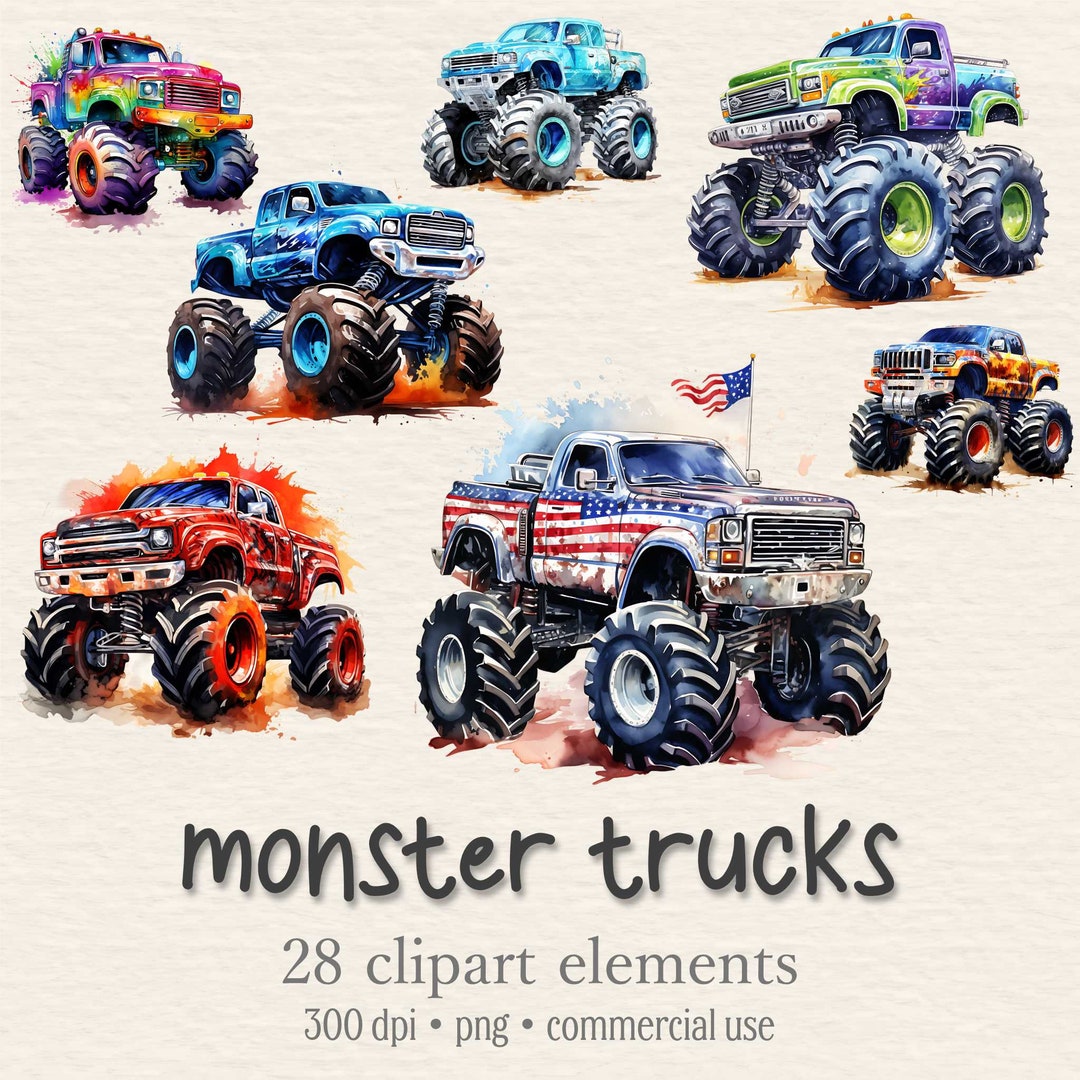 Watercolor Monster Truck Clipart Bundle, Extreme Vehicle, American ...