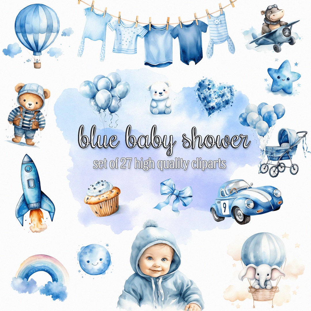 Watercolor Baby Shower Clipart Bundle, Blue Pastel Color, Baby ...