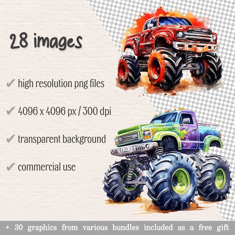 Watercolor Monster Truck Clipart Bundle, Extreme Vehicle, American ...