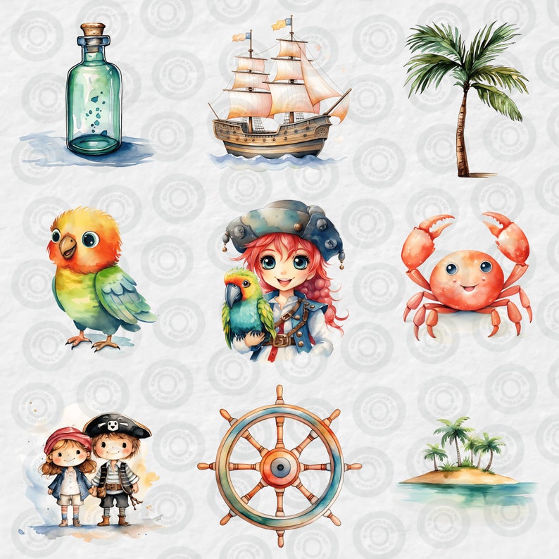 Cute Pirates Clipart Bundle, Watercolor Clipart PNG, Children ...