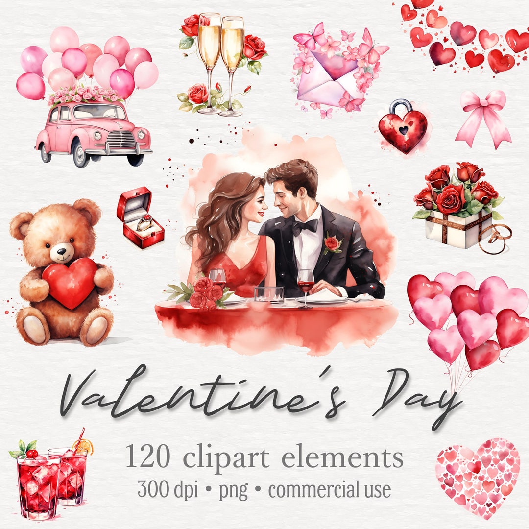 120+ Watercolor Valentine's Day Clipart Bundle, Red and Pink Valentine ...