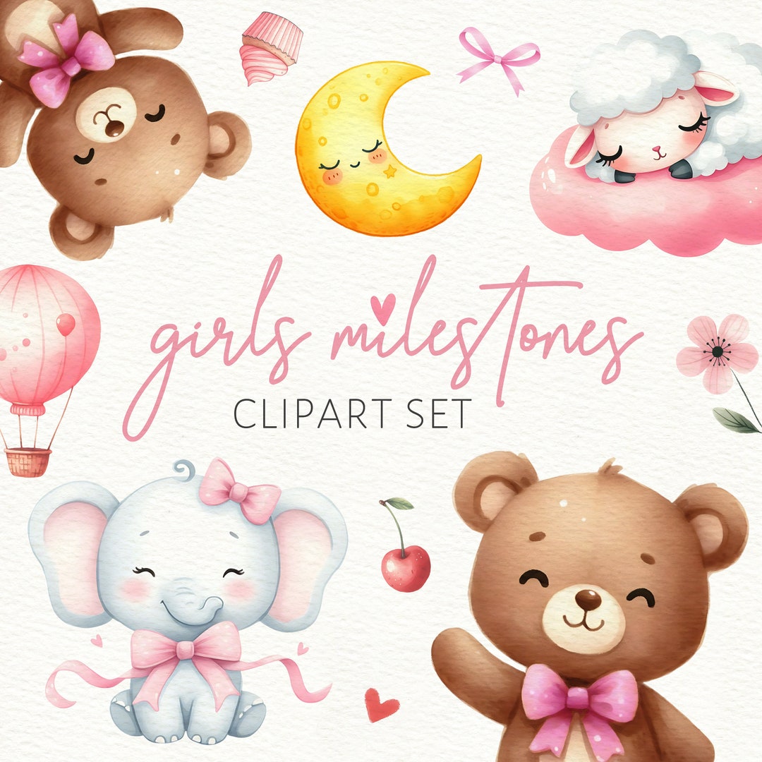Girls Milestones Clipart Bundle, Cute Animals PNG, Birthday Gift ...