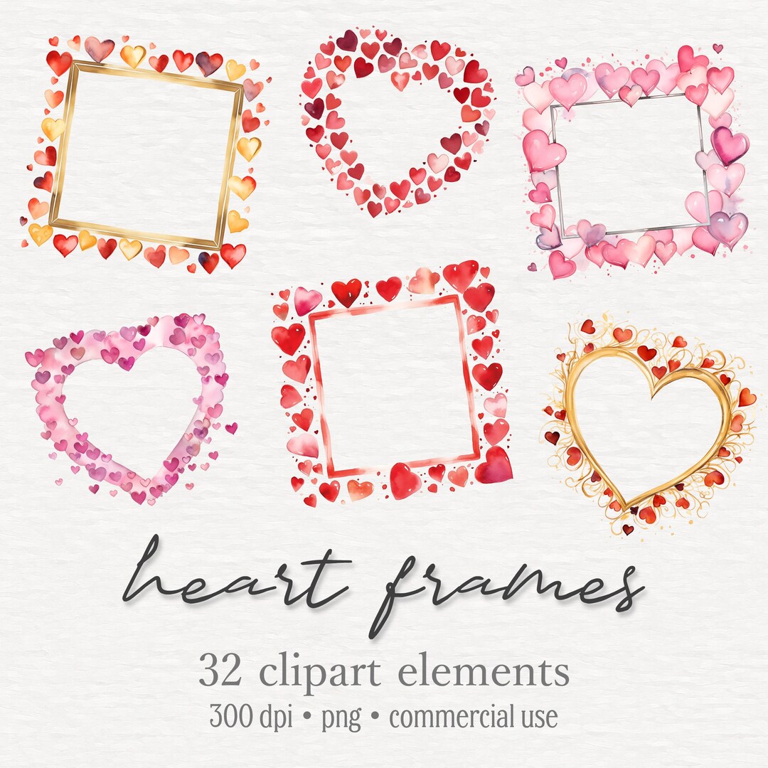 Heart Frames Clipart Bundle, Watercolor Valentine's Day Borders ...
