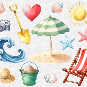 Sunny Beach Day Clipart Bundle, Watercolor Summer, Cute Undersea ...