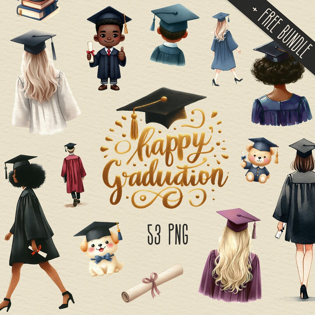 Graduation Clipart Bundle, Watercolor Graduation Hat Cap, Graduation ...