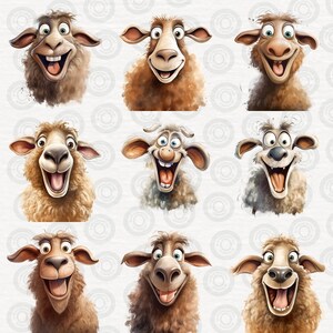 Funny and Crazy Sheep Clipart Bundle, Sheep PNG, Watercolor Cute Farm ...