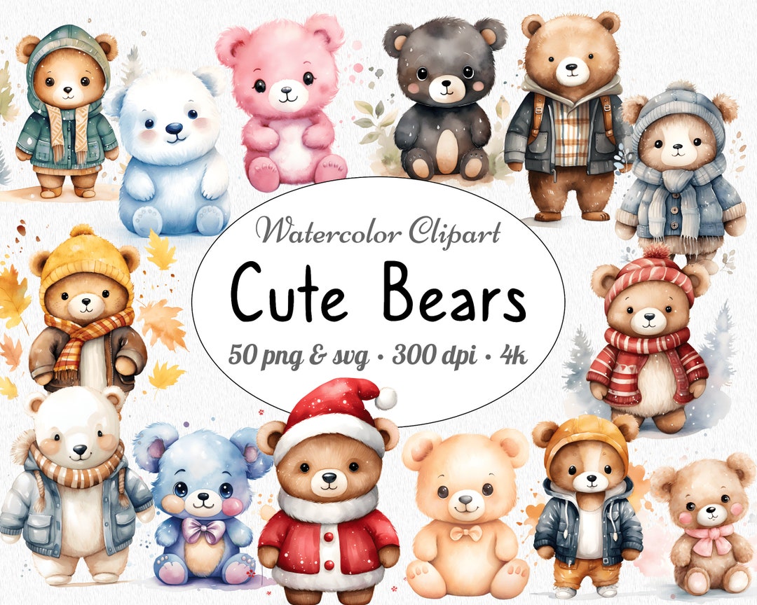 Watercolor Cute Bear Clipart Bundle, Teddy Bear PNG SVG, 50 Baby Animal ...