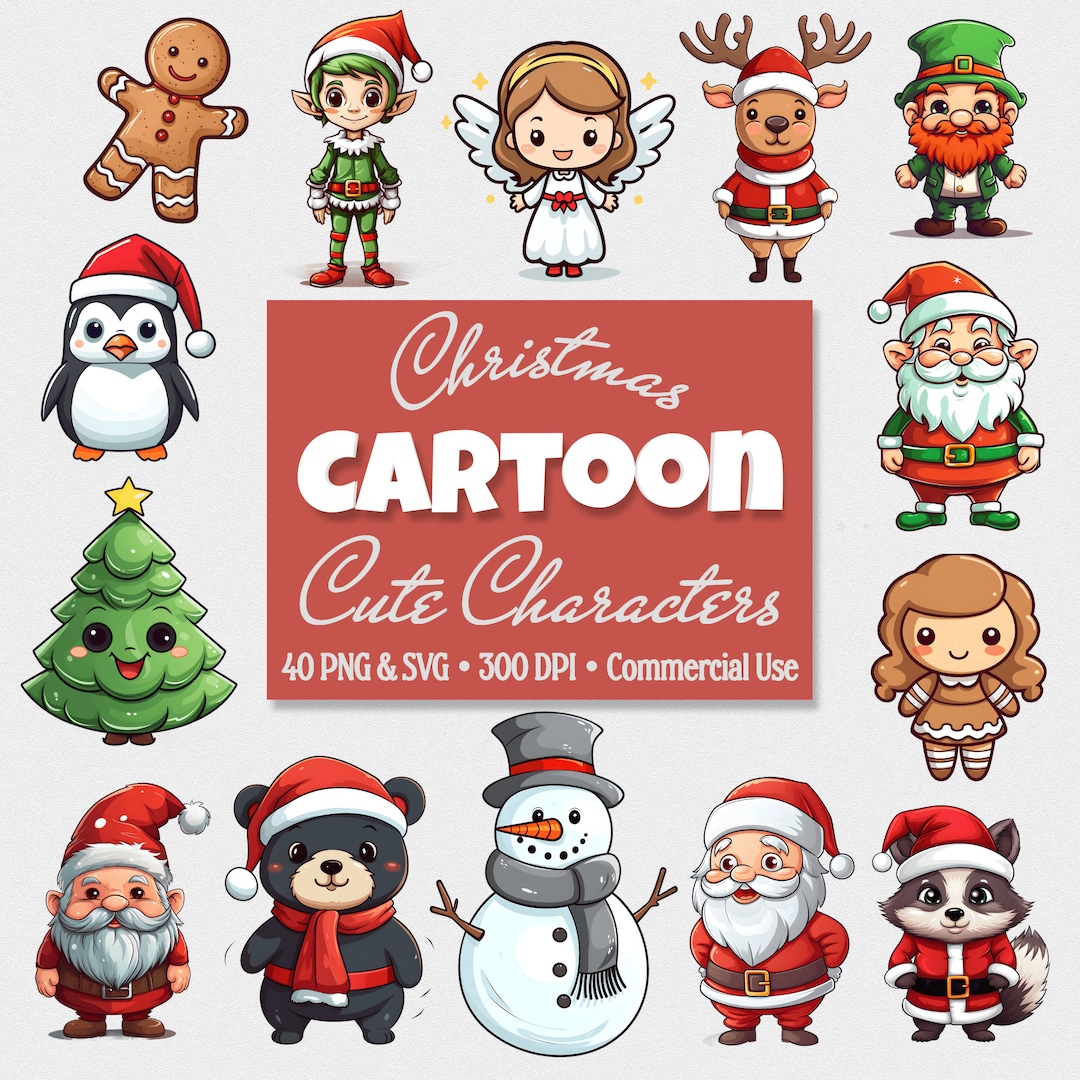 Christmas Clipart Bundle, Cartoon Bundle, Cute Character, Santa, Cute ...