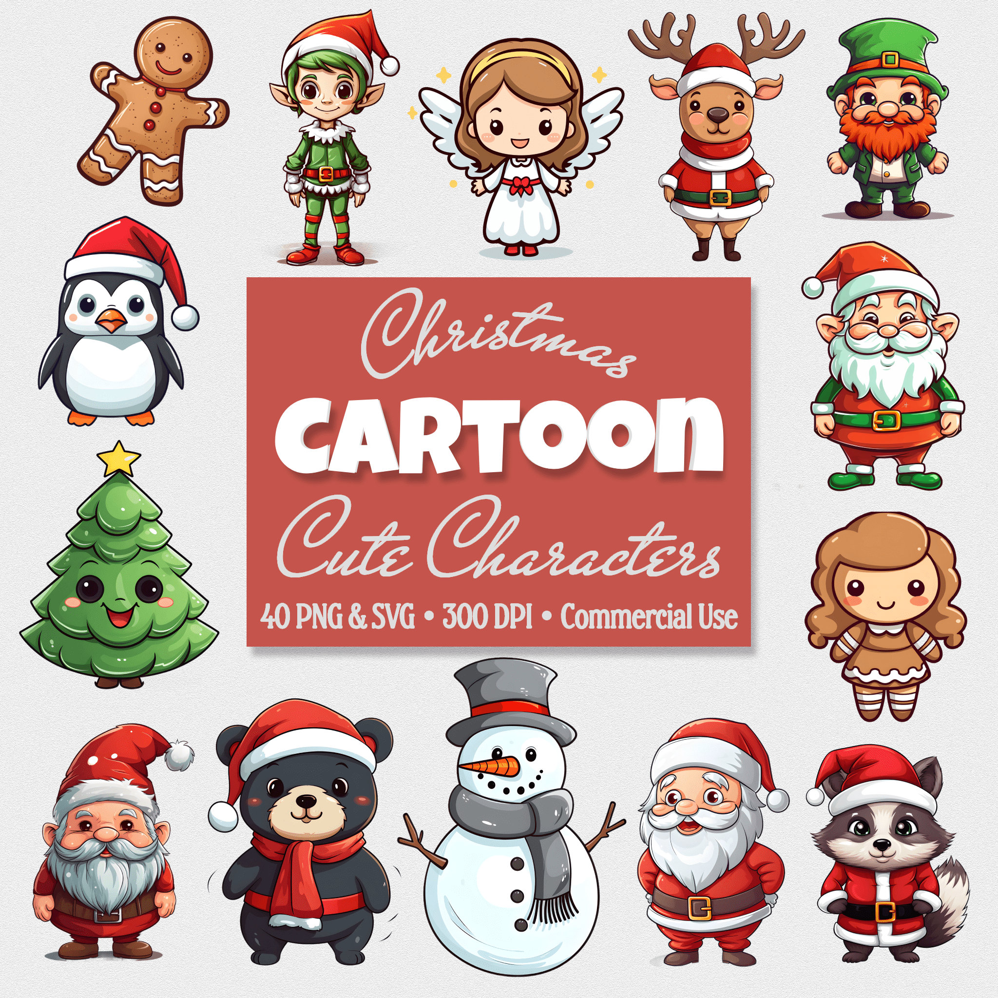 Christmas Clipart Bundle, Cartoon Bundle, Cute Character, Santa, Cute ...
