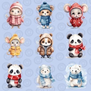 Cute Dressed Winter Animals Clipart Bundle, Watercolor Baby Animals ...