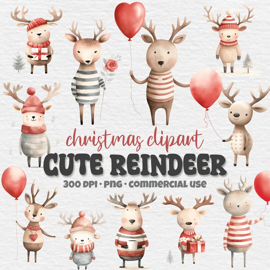 Reindeer Clipart Set, Cute Christmas Reindeer, Xmas Illustrations ...