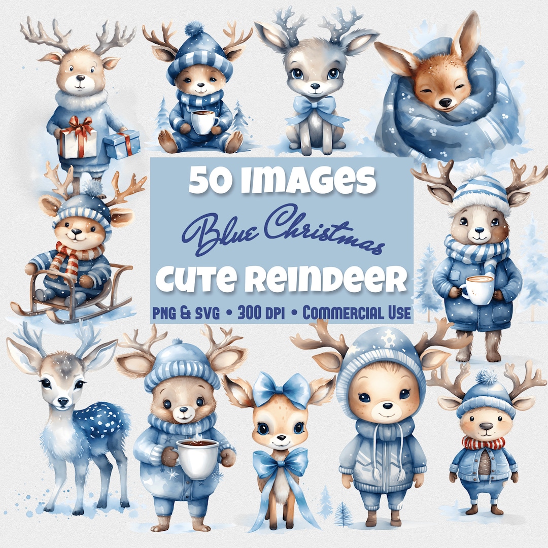 Christmas Cute Reindeer Clipart Bundle, Watercolor Deer, Blue Christmas ...