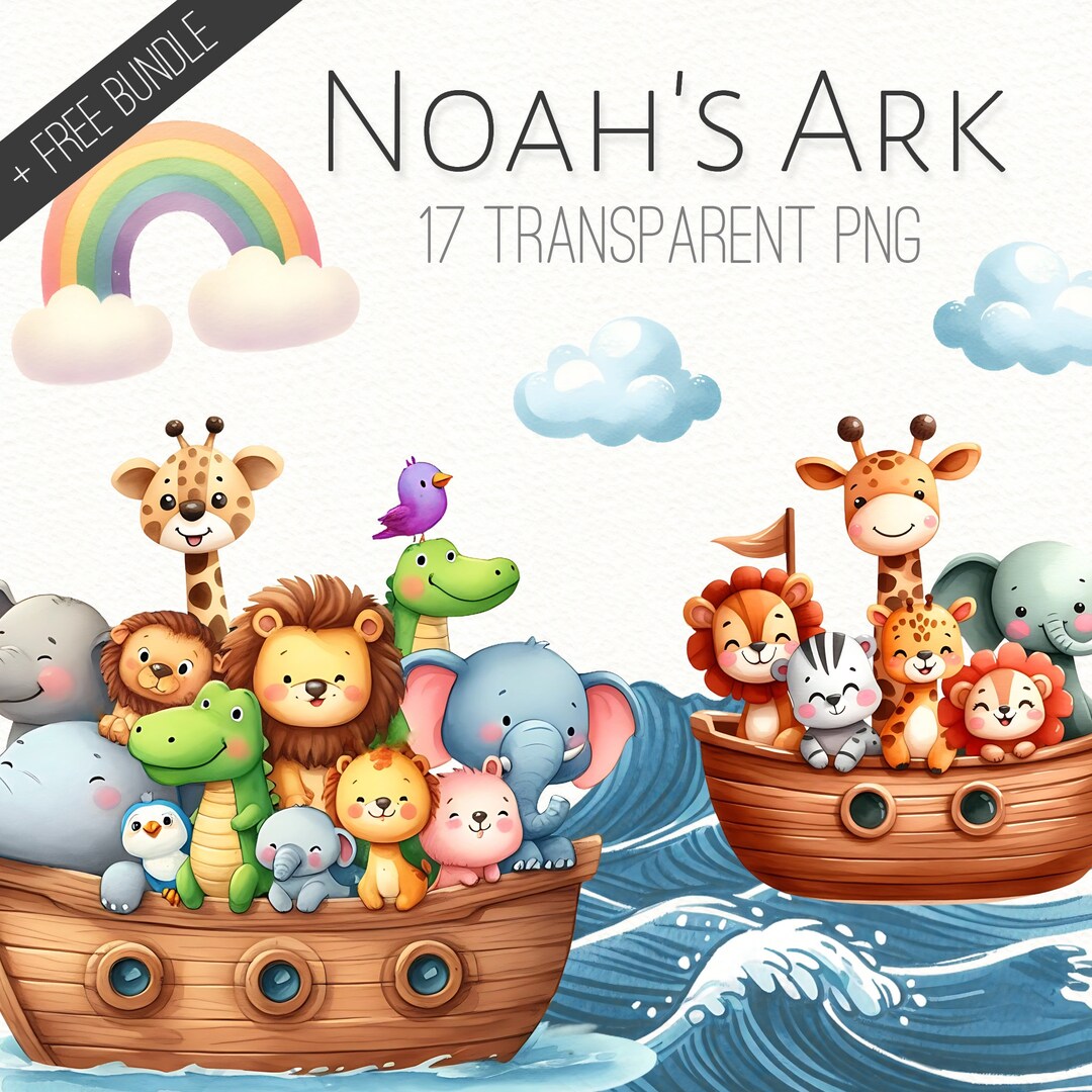 Noah's Ark Clipart Bundle, Cute Baby Animals PNG, Bible Watercolor ...