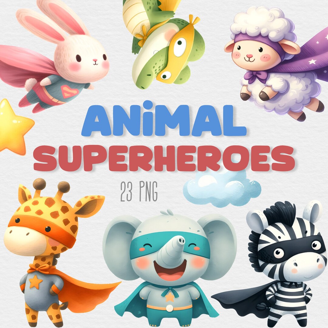 Animal Superheroes Clipart Bundle, Cute Baby Animals PNG, Safari Animal ...