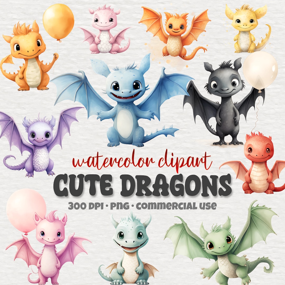 Cute Dragon Clipart Bundle, Colorful Baby Dragon PNG, Watercolor Set ...