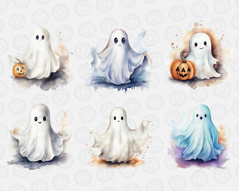30 Halloween Cute Ghost Clipart, Watercolor Clipart Bundle, Halloween ...