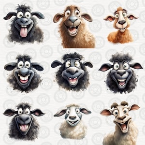 Funny and Crazy Sheep Clipart Bundle, Sheep PNG, Watercolor Cute Farm ...