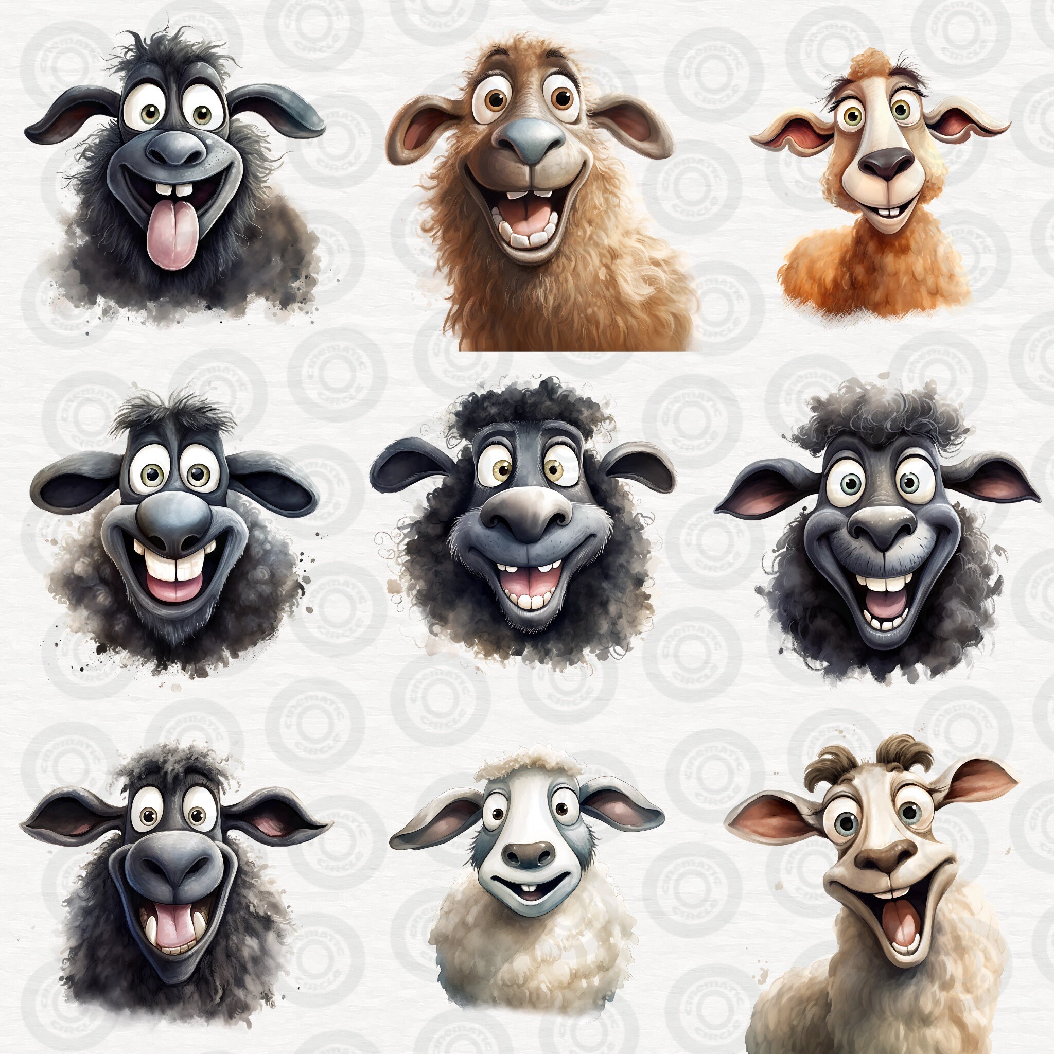 Funny and Crazy Sheep Clipart Bundle, Sheep PNG, Watercolor Cute Farm ...