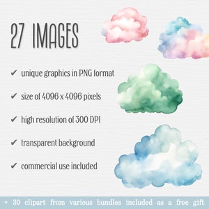 Watercolor Clouds Clipart Bundle, Colorful Pastel Cloud Png, Rainbow ...