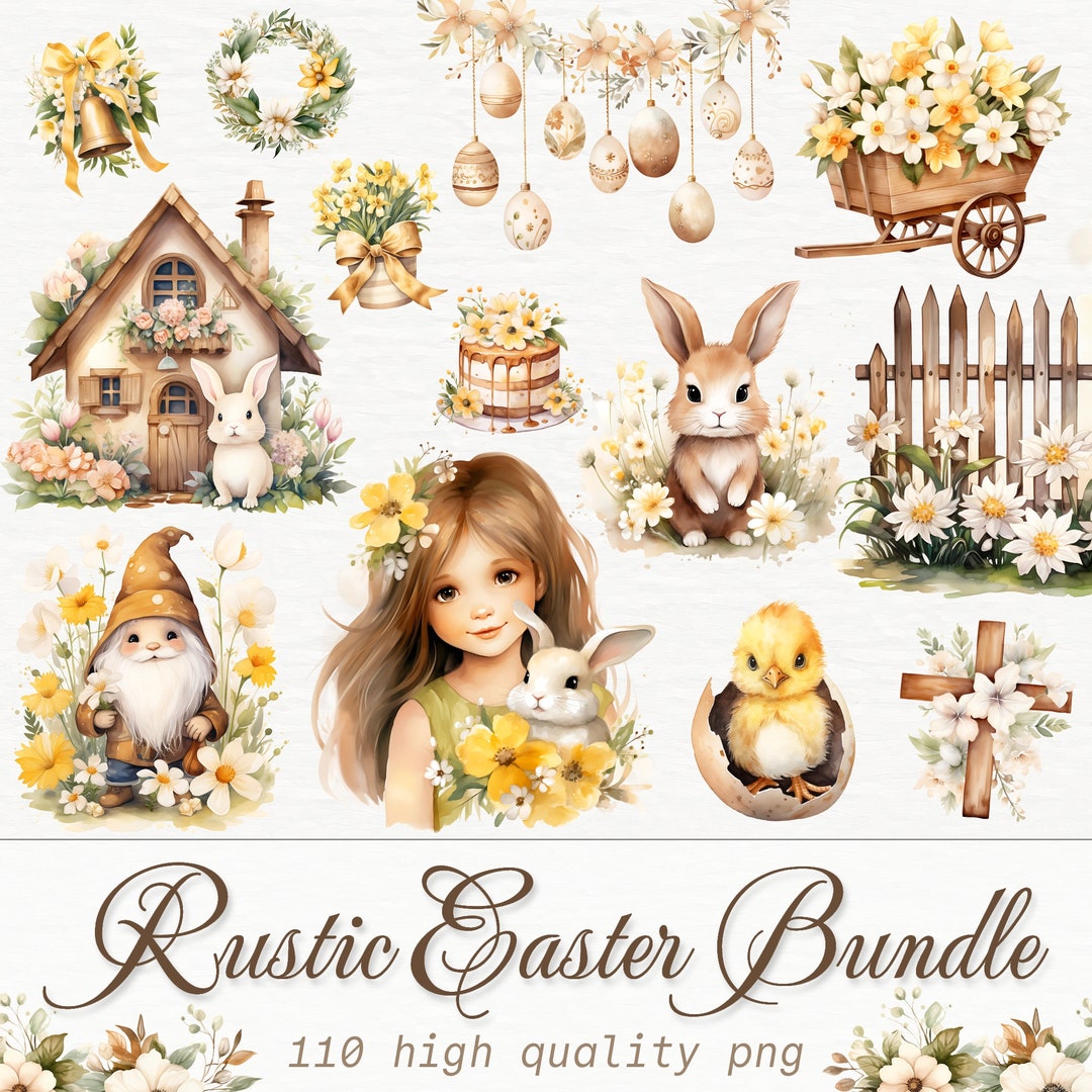 110 Rustic Easter Clipart Bundle, Watercolor Easter PNG Set, Easter ...