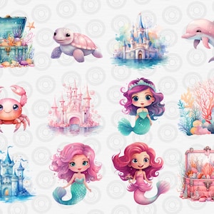 Cute Mermaid Clipart Bundle, Watercolor Mermaid Friends PNG Set, Cute ...