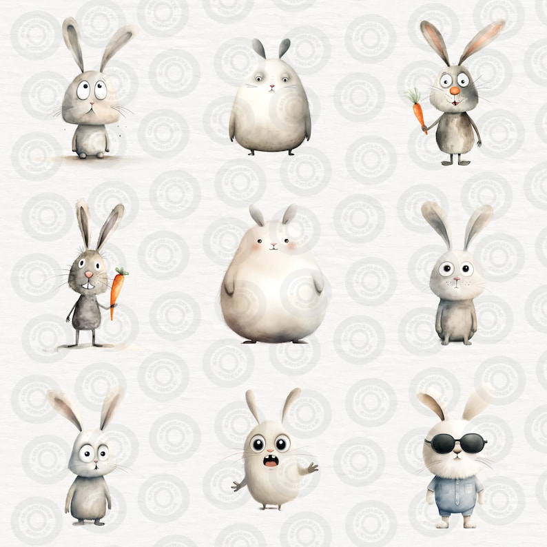 38 Funny Bunny Clipart Bundle, Cute Rabbits, Watercolor Crazy Bunnies ...