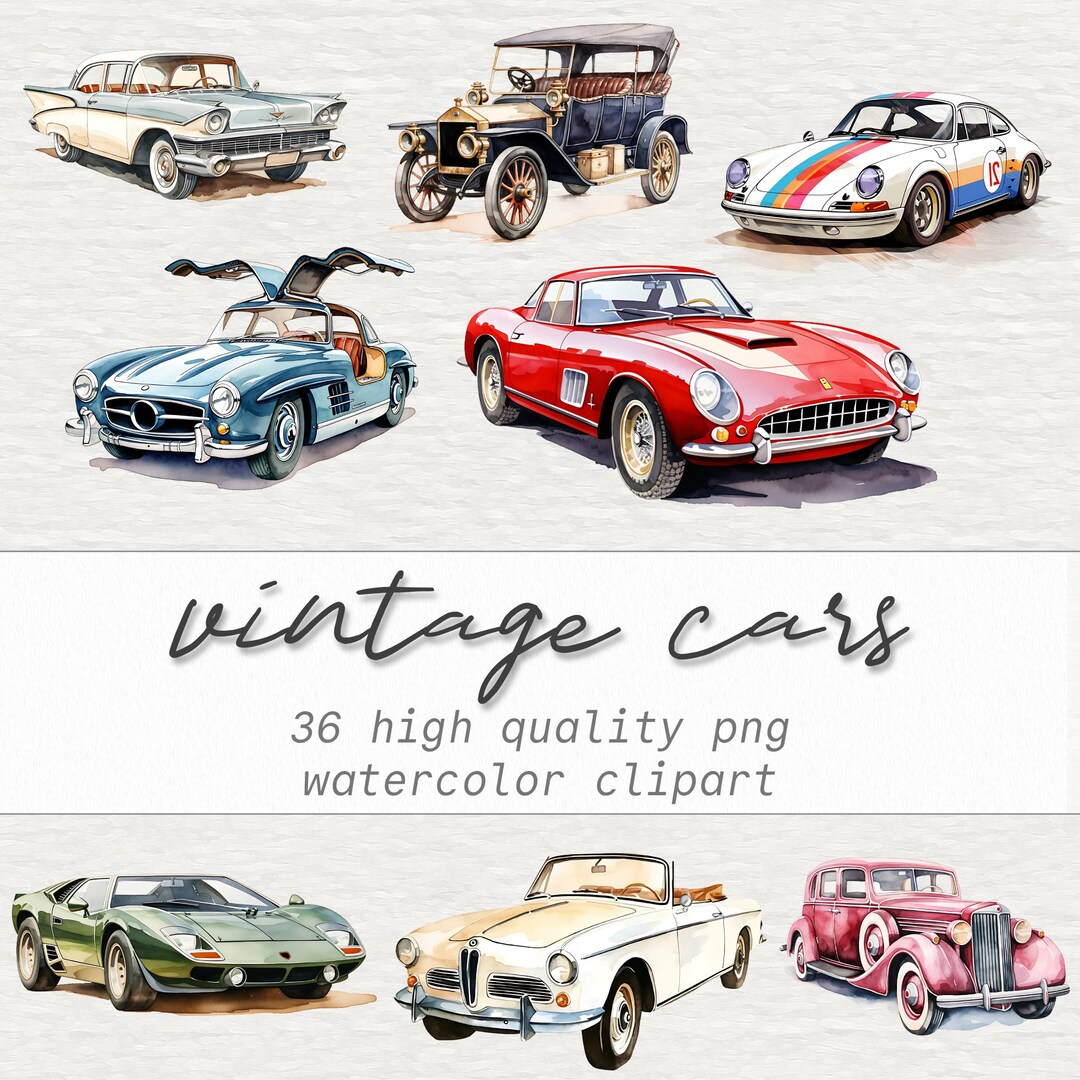 Vintage Car Clipart Bundle, Set of 36 Classic Cars Illustrations ...