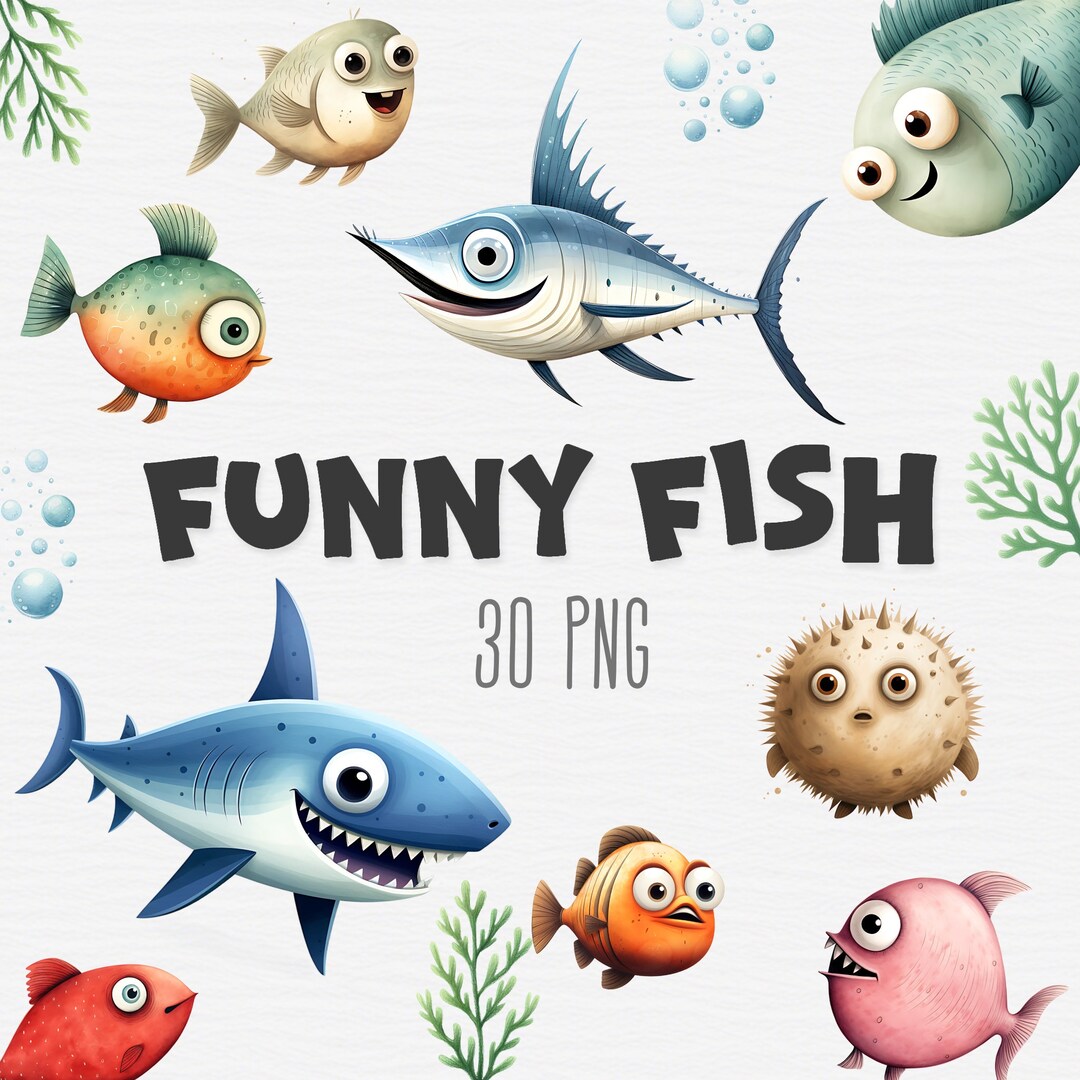 Funny Fish Clipart Bundle, Crazy & Cute Fish PNG, Fish Illustration ...