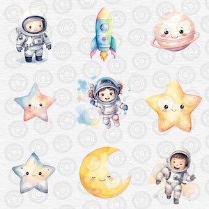 Cute Space Clipart Bundle, Watercolor Clipart, Happy Astronaut ...